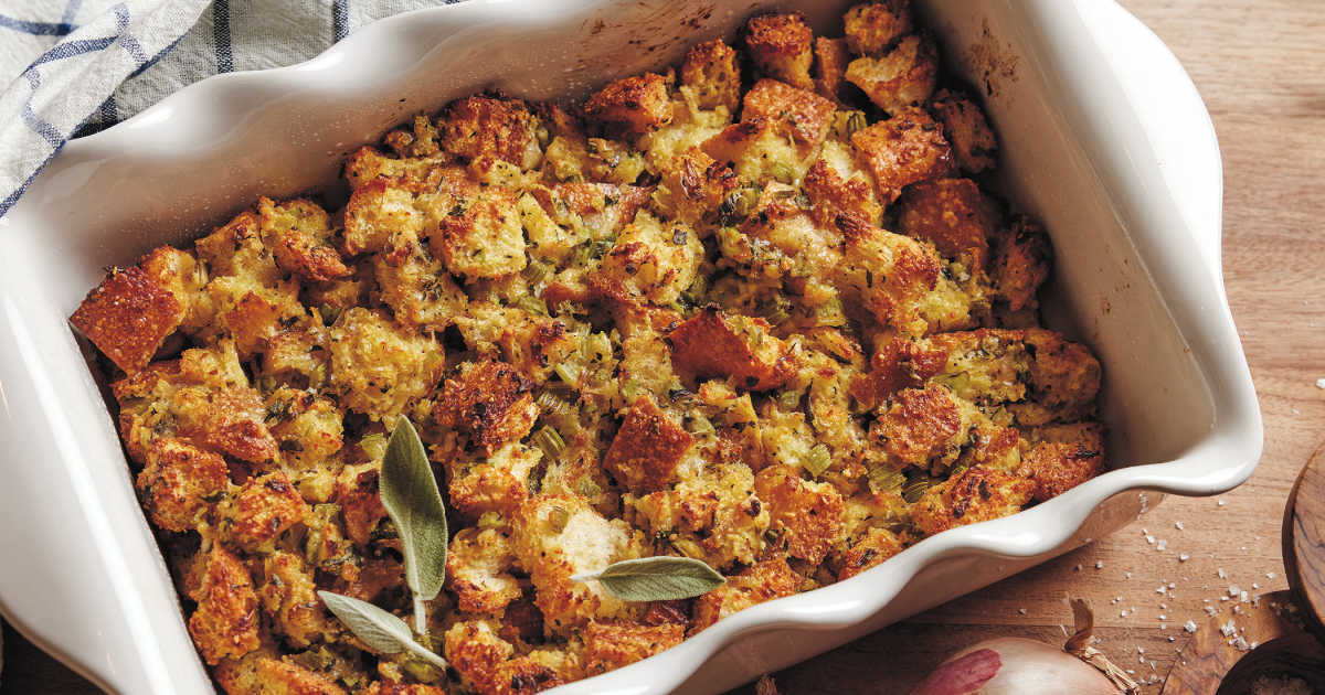 Cheesy Sourdough Herb Stuffing - Mommy Evolution